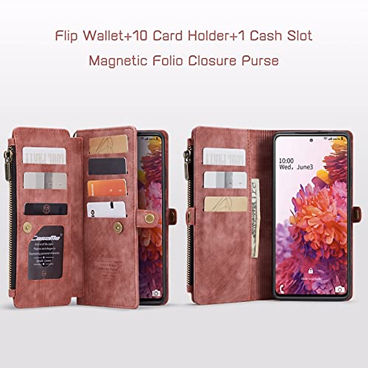 Defencase Compatible with Samsung Galaxy S20 FE 5G Case Wallet with Card Holder for Women Men, PU Leather Magnetic Snap Flip Zipper Strap Wallet Case Fit for Galaxy S20 FE, Fashion Red