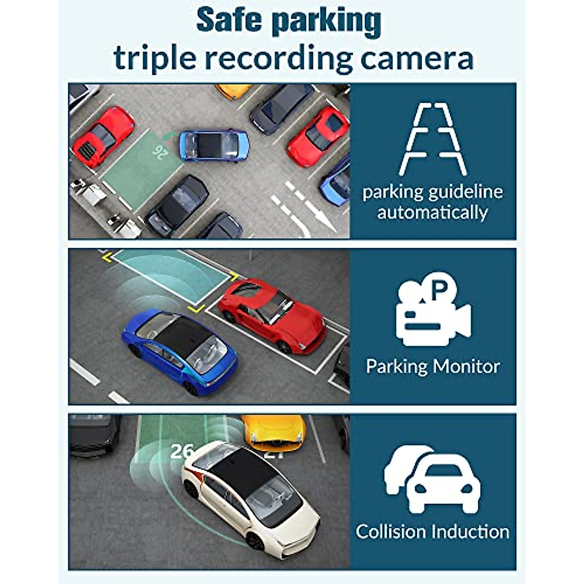 3 Channel Dash Cam Front and Rear Inside,1080P Full HD 170 Deg Wide Angle Dashboard Camera with 32GB SD Card,2.0 inch IPS Screen,Built in IR Night Vision,G-Sensor,Parking Mode,Loop Recording