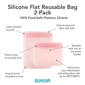 Bumkins Silicone Reusable Sandwich and Snack Bags, Storage, Food Prep, Lunch Bag, Washable Zip Bag, Microwave, Freezer and Dishwasher Safe, Travel, Leak Resistant, Sticky Lining Locks Out Air (Pink)