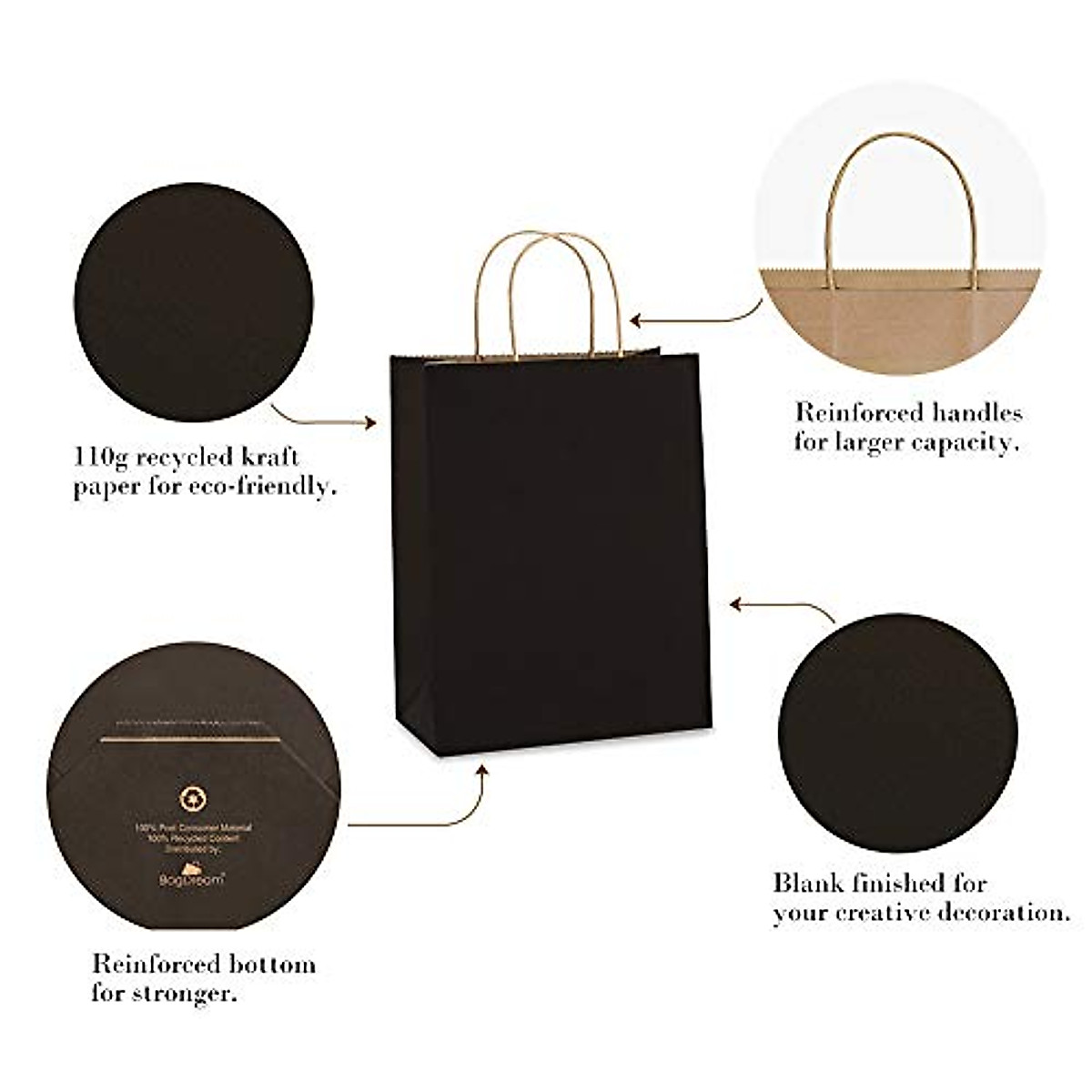 BagDream Gift Bags 8x4.25x10.5 25Pcs Black Kraft Paper Bags, Paper Gift Bags with Handles, Paper Shopping Bags Wedding Birthday Party Favor Bags Merchandise Retail Bags Sacks