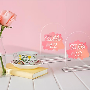 LUGUNU 12 Pack 5x7 Inch Blank Clear Arch Acrylic Sign with Stand Blank Arched Round Top Acrylic Sheet with Letter Stencils and Numbers DIY Acrylic Table Numbers Sign and Holder