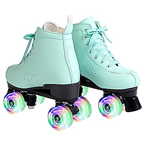 kelodo Roller Skates for Women and Men, PU Leather Double Row-Classic Roller Skates for Girls/Boys, 8 LED Light Wheels Roller Boot Quad-Skates for Kids & Adults Outdoor/Indoor
