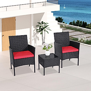 PAIQIAN Patio Set 3 Piece Outdoor Rattan Porch Furniture with Tempered Glass Side Table & Cushion All Weather Conversation Bistro Set for Balcony,Deck,Porch (Black/Red)