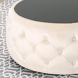 Christopher Knight Home Ivy Glam Velvet and Tempered Glass Coffee Table Ottoman, Beige, Black