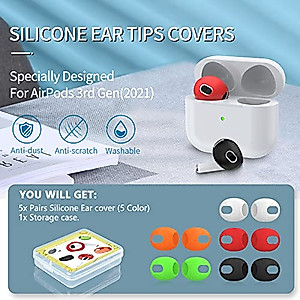 [5-Pairs] for AirPods 3 Ear Tips Covers【Fit in The Charging Case】, AIBEAMER Silicone Anti-Slip/Dust Ear Covers Accessories Compatible with AirPods 3rd Generation 2021 (Black,Red,Green,Orange,White)