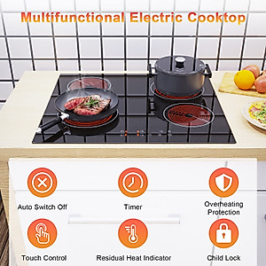 Karinear Drop-in 4 Burner Electric Cooktop 24 Inch Electric Radiant Cooktop, Electric Stove Top with Residual Heat Indicator, Child Safety Lock, Timer, 220-240V, 6000W, Hard Wire(No Plug)