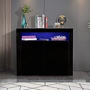 Goujxcy LED Kitchen Sideboard Storage Buffet Cabinet High Gloss for Living Room, Modern Wooden Unit Cupboard TV Stand with 2 Doors for Hallway Dining Room (Black6)