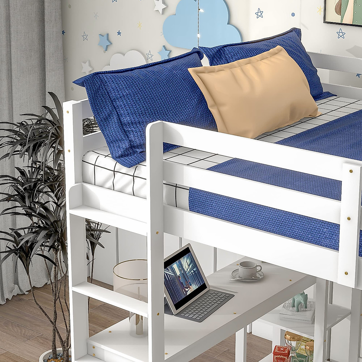 HZHOME Full Loft Bed with Desk and Shelves,White
