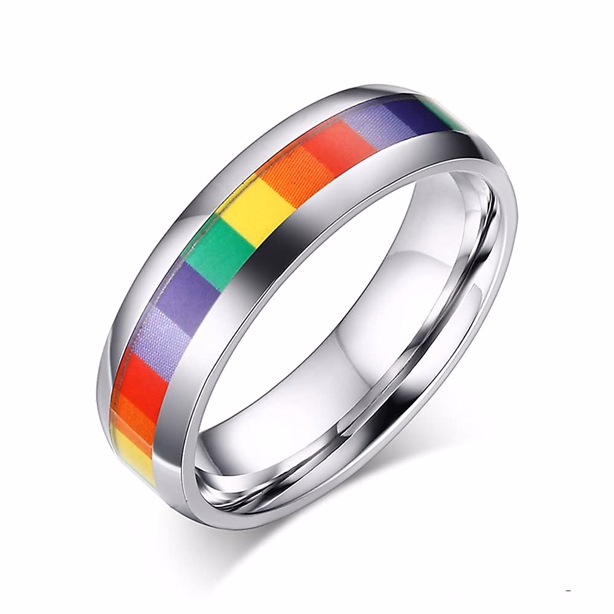 6mm Wide Square Rainbow LGBT Pride Band Rings Chuky Thick Black Enameled Stainless Steel Eternity Promise Statement Engagement Couple Rings Love is Love Finger Knuckle Rings Boyfriend Girlfriend Christmas Valentines Gifts (Silver, 8)