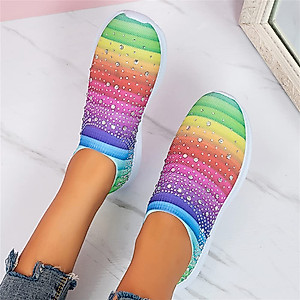 Women's Crystal Breathable Orthopedic Slip on Walking Shoes Sparkly Sneakers, Womens Mesh Orthopedic Walking Shoes Slip Resistant Slip on Tennis Sock Sneakers (5,Rainbow)