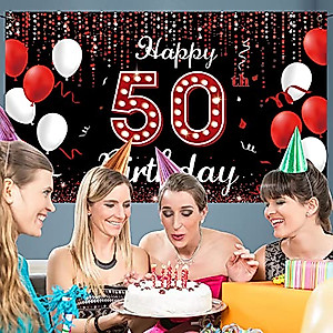 50th Birthday Decoration Backdrop Banner, Happy 50th Birthday Decorations for Women, Red Black white 50 Years Old Birthday Party Photo Booth Props, 50 Birthday Sign for Outdoor Indoor, Fabric Vicycaty