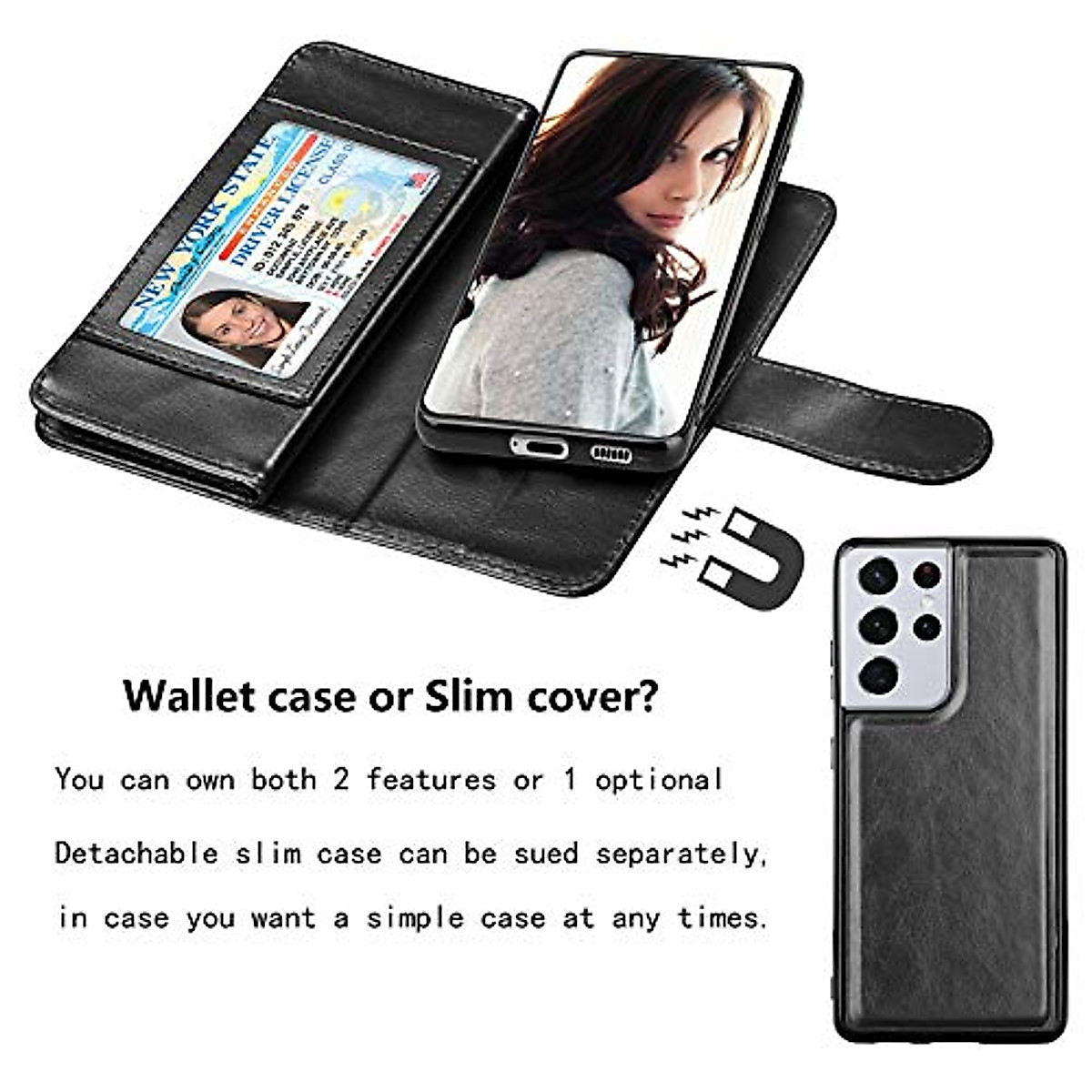 NJJEX Wallet Case for Samsung Galaxy S21 Ultra 5G, for Galaxy S21 Ultra Case 6.8", [9 Card Slots] PU Leather ID Credit Holder Folio Flip [Detachable] Kickstand Magnetic Phone Cover & Lanyard [Black]