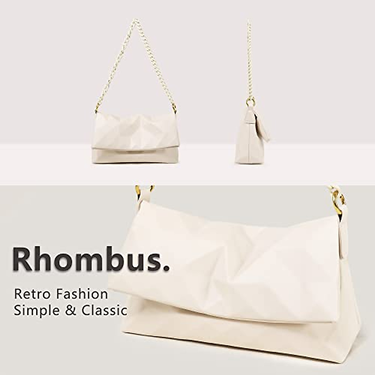 Small Chain Shoulder Bags Clutches Rhombus Evening Bags Crossbody Bags Hobo PU Vegan Leather Trendy Purse for Women(white-2)