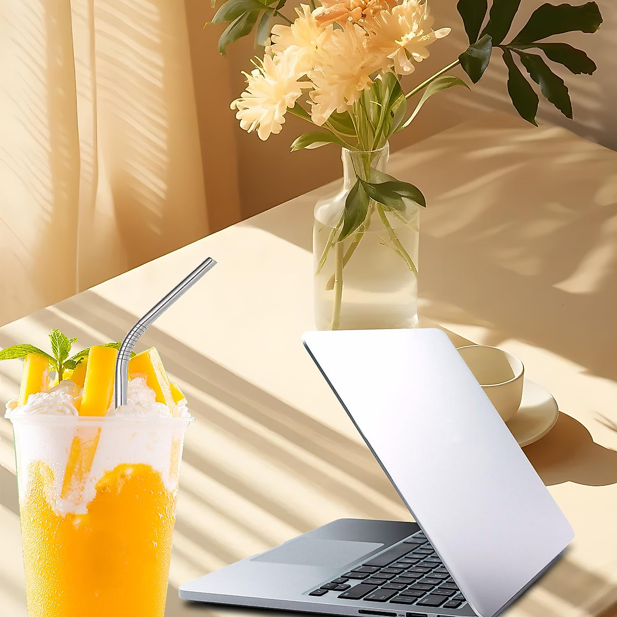 12-Pack Reusable Straws - Metal Straws Dishwasher Safe - Drinking Stainless Steel Straws for 20 oz and 12 oz Tumblers - 2 Cleaning Brushes Included