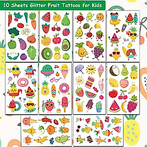 Hohamn Glitter Fruit Temporary Tattoos for Kids - 100+ Cartoon Fruit Summer Tattoos for Girls Boys Birthday Party Supplies Favors