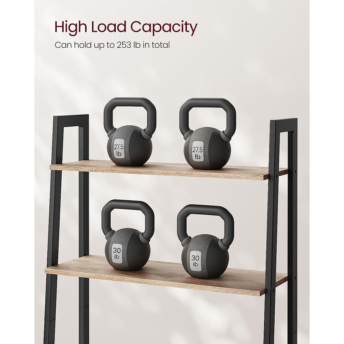 VASAGLE Ladder Shelf, 4-Tier Bookshelf, Storage Rack, Bookcase with Steel Frame, for Living Room, Home Office, Kitchen, Bedroom, Industrial Style, Camel Brown and Black ULLS144B50