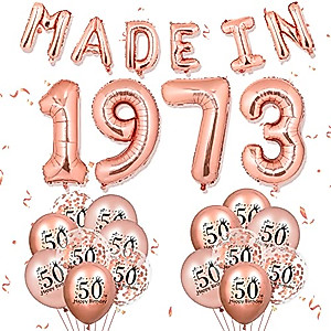 Rose Gold 50th Birthday Decorations Set 15 Pcs Rose Gold Happy 50th Birthday Latex Balloons and Large Made in 1973 Foil Balloons Banner Backdrop for Women Fifty Year Old Birthday Party Decor Supplies