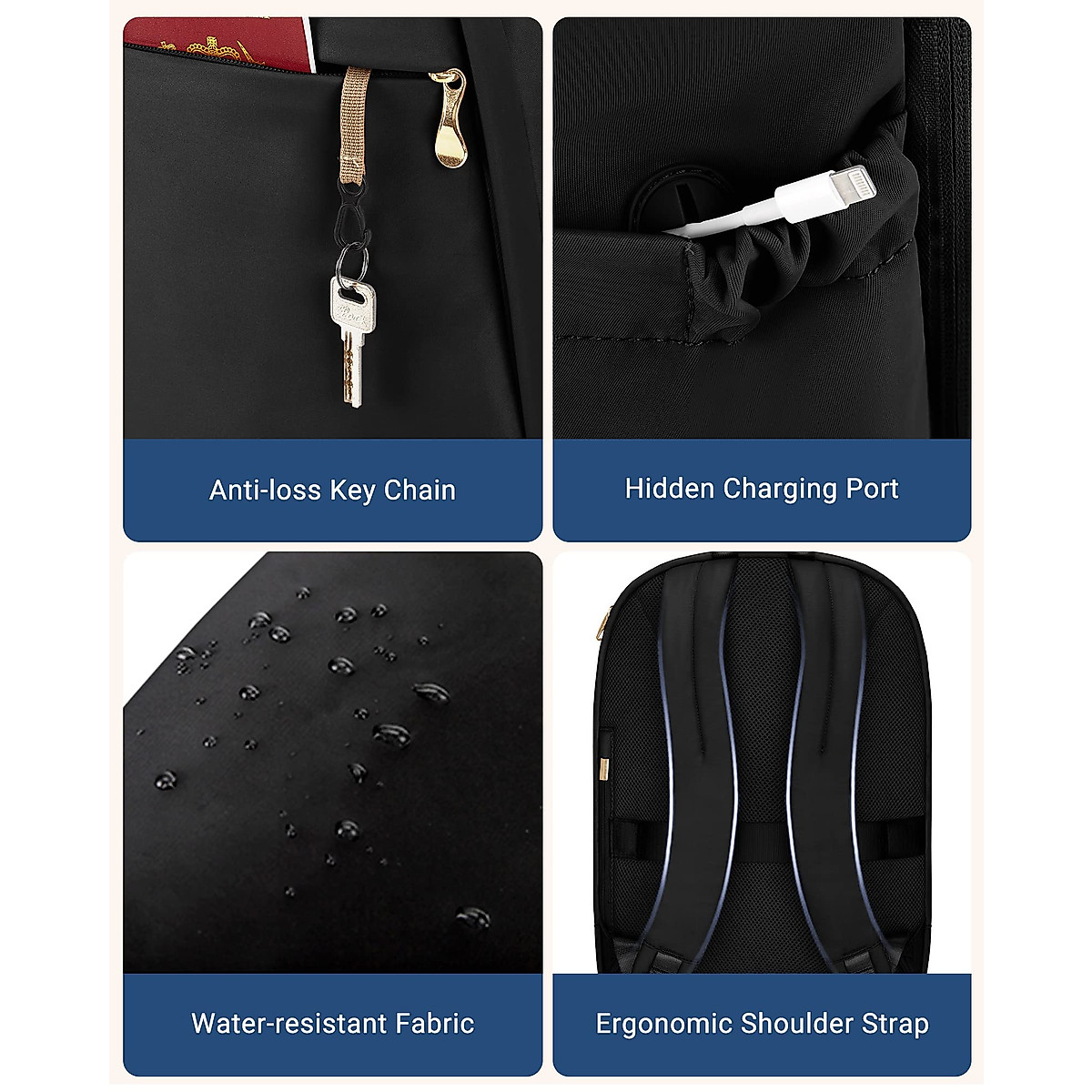 LIGHT FLIGHT Travel Laptop Backpack Women, 15.6 Inch Anti Theft Laptop Backpack with USB Charging Hole, Water Resistant College School Bookbag, Large Capacity Black Computer Backpacks for Work, Black