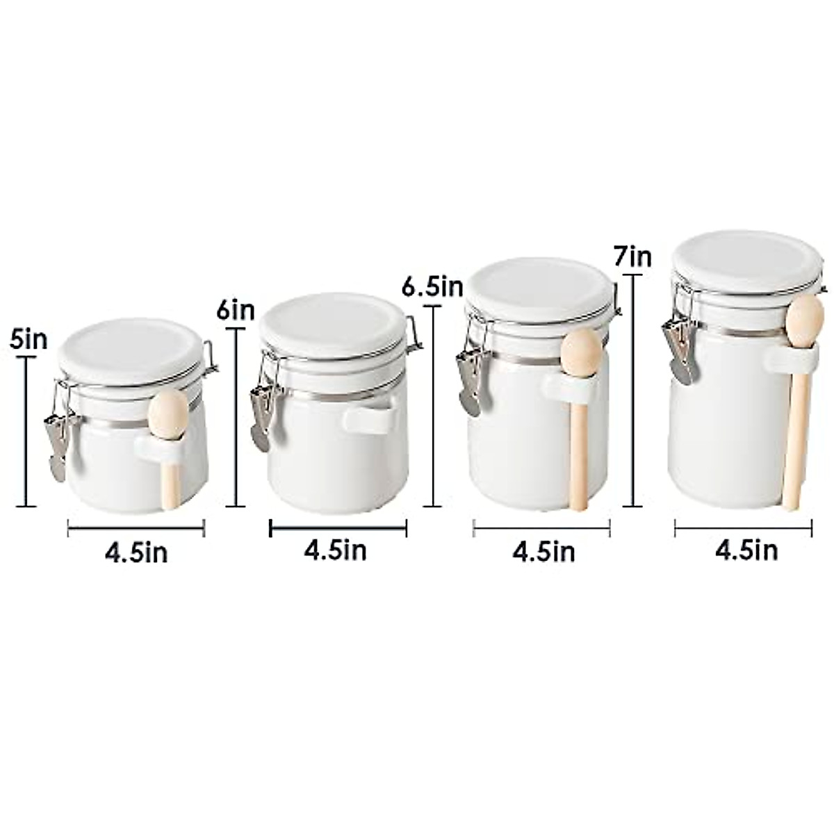 Canister Sets For The Kitchen (4 Piece Set) White, High Gloss Ceramic | By Home Basics | Decorative Kitchen Set | With Wooden Spoons, Countertop Set For Flour, Sugar, Coffee, and Snacks