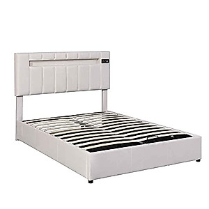 ATY Full Size Platform Bed with LED Light, Upholstered Bedframe w/Bluetooth Player, USB Charging and Hydraulic Storage, Save Space Design, Multifuctional, for Bedroom, Guestroom, Hotel, Beige