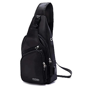Men Sling Backpack Nylon Water Resistant Shoulder Chest Crossbody Sling Bag with USB Charging Port Black