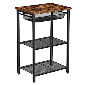 HOOBRO Tall Side Table, Industrial End Table with Adjustable Metal Mesh Basket, Telephone Table with Storage Shelf for in Bedroom, Living Room, Hallway, Easy Assembly, Rustic Brown BF02DH01