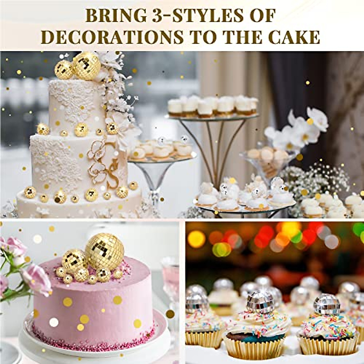 Ayfjovs 18 PCS Disco Ball Cake Decoration Disco Ball Cake Toppers Disco Table Decoration Cake Centerpiece with Confetti Decor 70s Disco Themed Cake for Birthday Theme 70s Party Supplies(Silver&Gold)