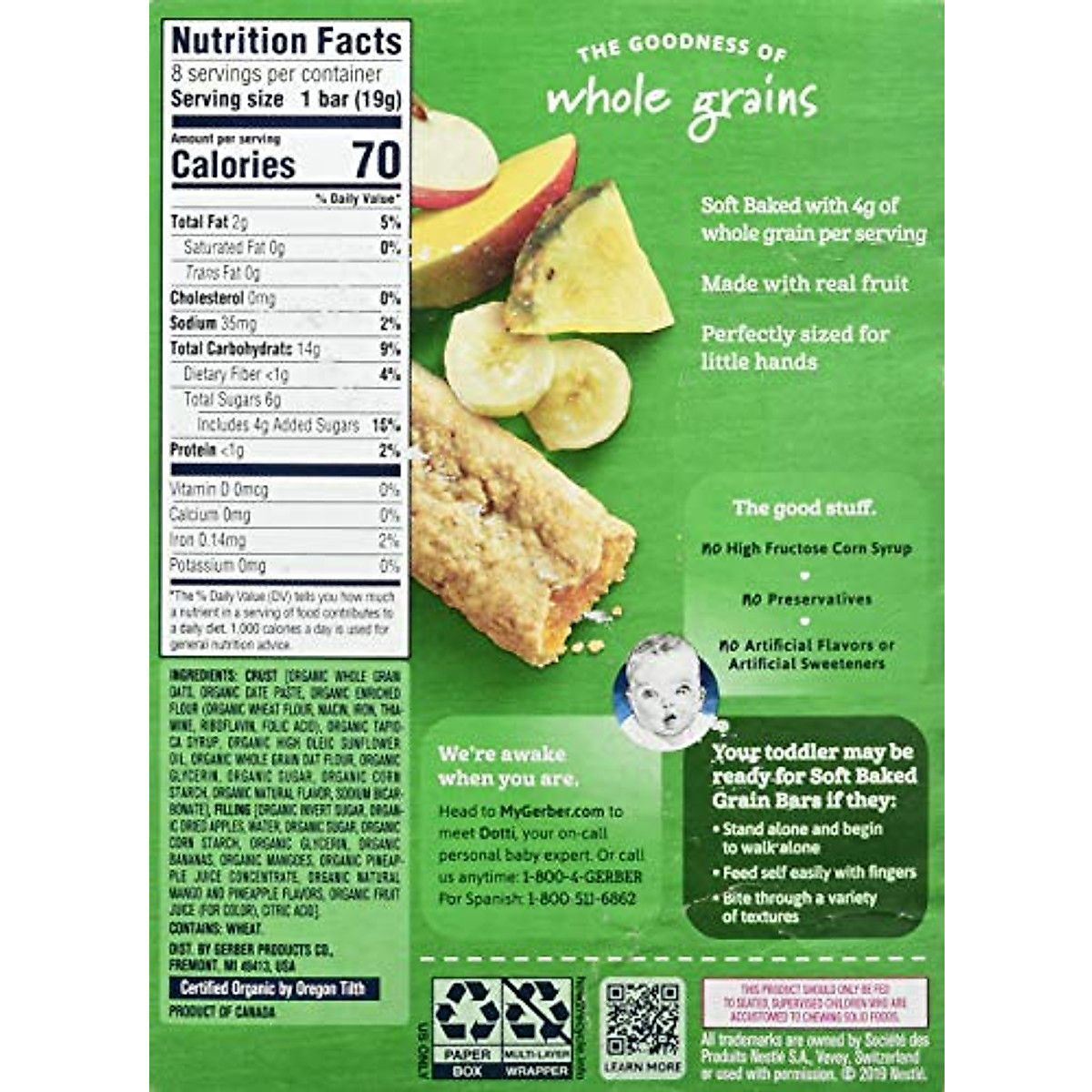 Gerber Up Age Organic Grain & Grow Soft Baked Grain Bars Banana Mango Pineapple, 5oz