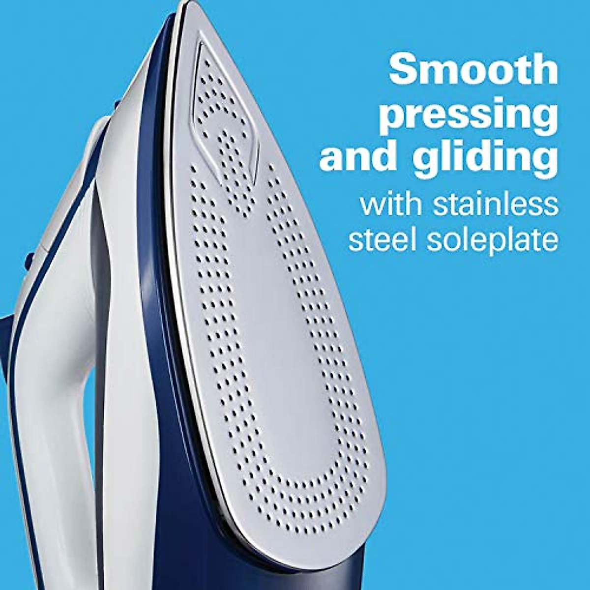 Hamilton Beach Iron & Steamer for Clothes with Smooth Press Stainless Steel Soleplate, 3-Way Auto Shutoff, 1500 Watts for High-Velocity Steam, 10’ Cord, Leak-Proof Anti-Drip, White (14650)