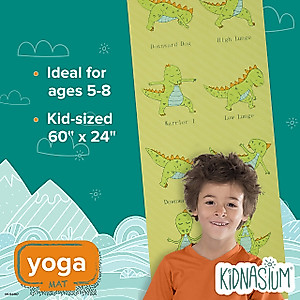 Kidnasium Kids Yoga Mat - 60” x 24”, Oriented 3mm Thick, Fun Prints Exercise Mats, Ideal for Babies, Toddlers and Children - Non Toxic Latex Sensitive - Dino Poses