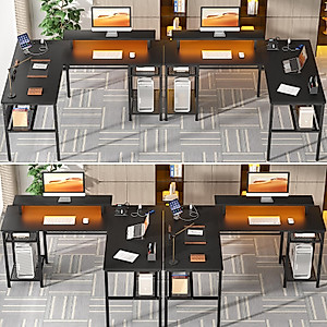 Unikito L Shaped Desk, Reversible Corner Computer Desk with Magic Power Outlets and Smart LED Light, Unique Grid Design, 55 Inch Office Desk with Monitor Stand and Storage Shelf, Black