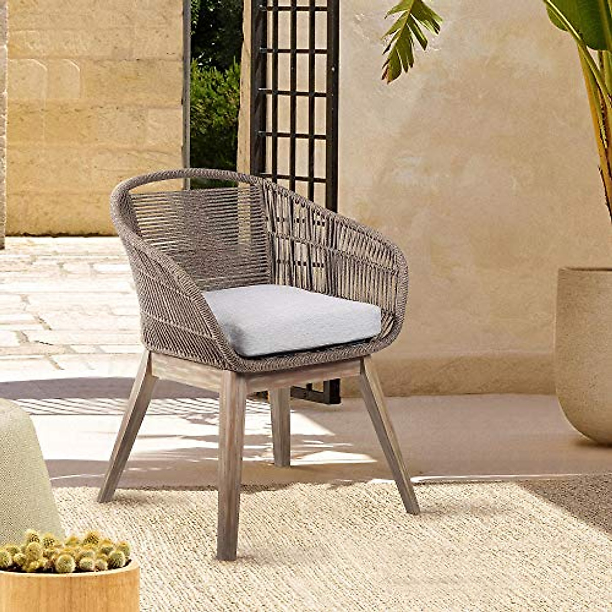 ARMEN LIVING LCTFSITRU Fruitti Tutti Frutti Indoor Outdoor Dining Chair in Light Eucalyptus Wood with Latte Rope and Grey Cushion, Truffle