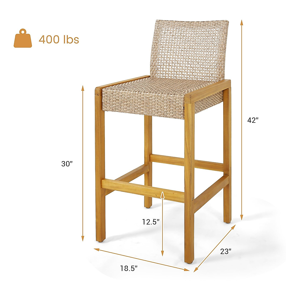 HAPPYGRILL Wicker Bar Stools Set of 2, Patio Chairs with Solid Wood Frame, Ergonomic Footrest, Indoor Outdoor Bar Height Chairs for Backyard Poolside Garden