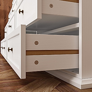 ECACAD Vintage Storage Dresser with 12 Drawers & Brown Top, 61" L Wood Double Dresser Chest of Drawers with Metal Handles for Bedroom, Living Room, White