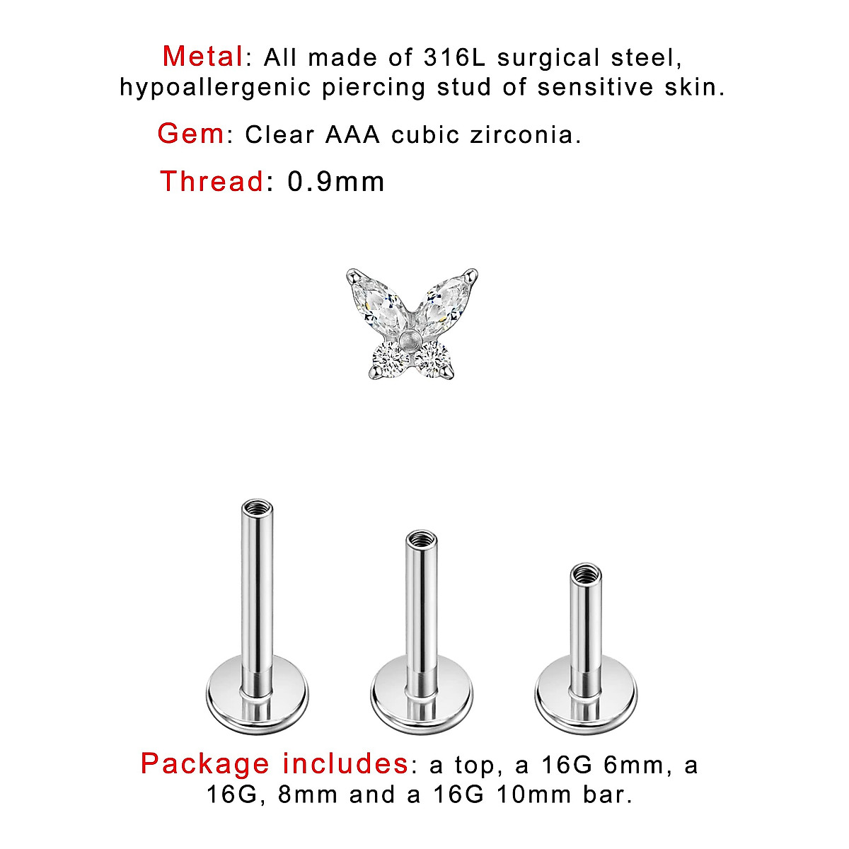 FANSING Clear CZ Butterfly Nose Studs for Women Nostril Silver Earrings Stud Surgical Steel Cartilage Conch Helix Tragus Piercing Jewelry with 16g 6mm 8mm 10mm Internally Threaded Posts