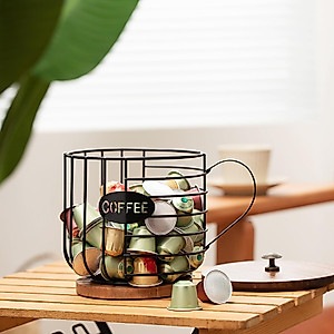 Panalo Rustic Coffee Pod Holder - Large Capacity Black Wire K cup Storage with Wooden Lid - Round Coffee Basket Decor for Kitchen Countertop for Pods & Espresso Capsules (Cup shape)