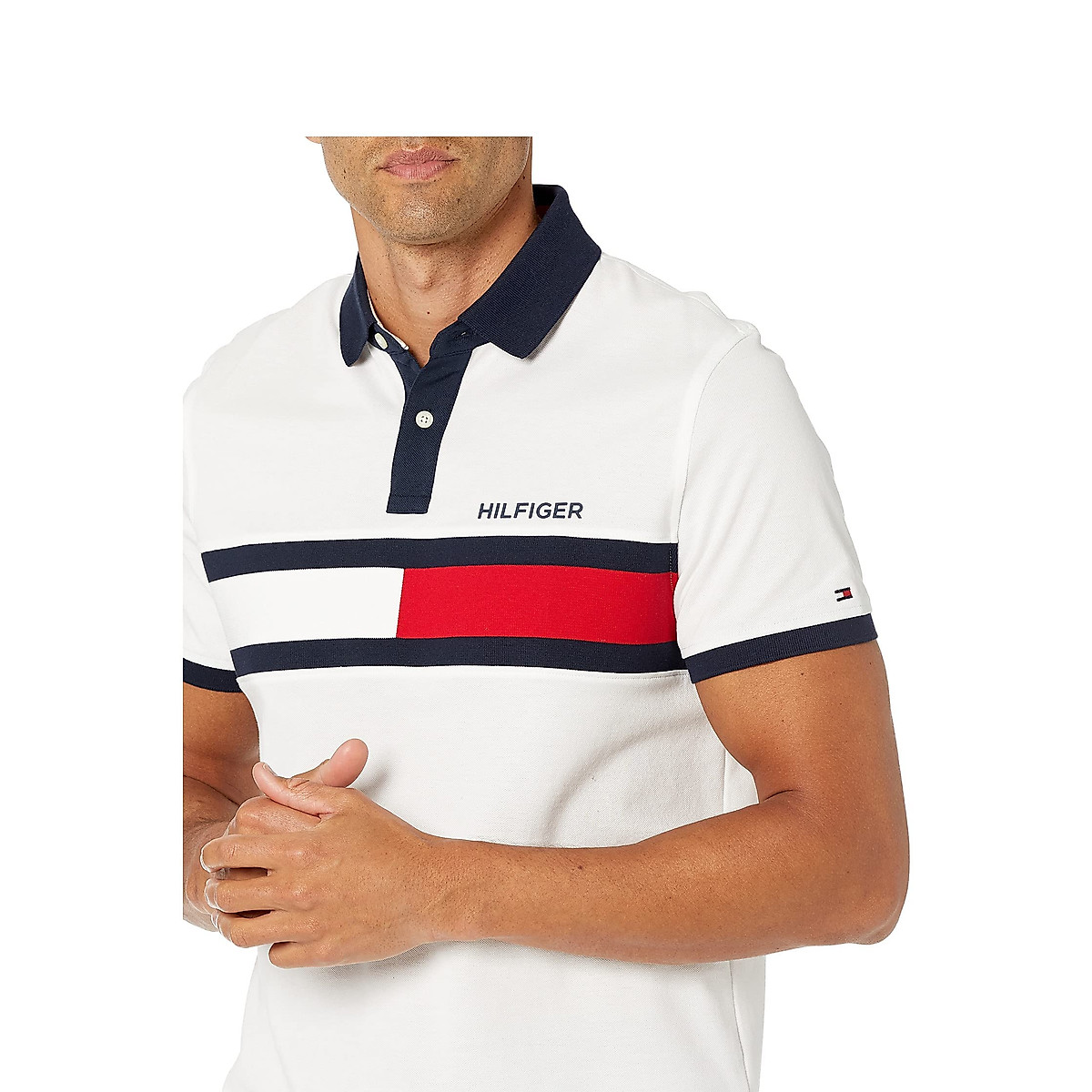 Tommy Hilfiger Men's Short Sleeve Cotton Pique Flag Polo in Regular Fit, BRIGHT WHITE, X-Large