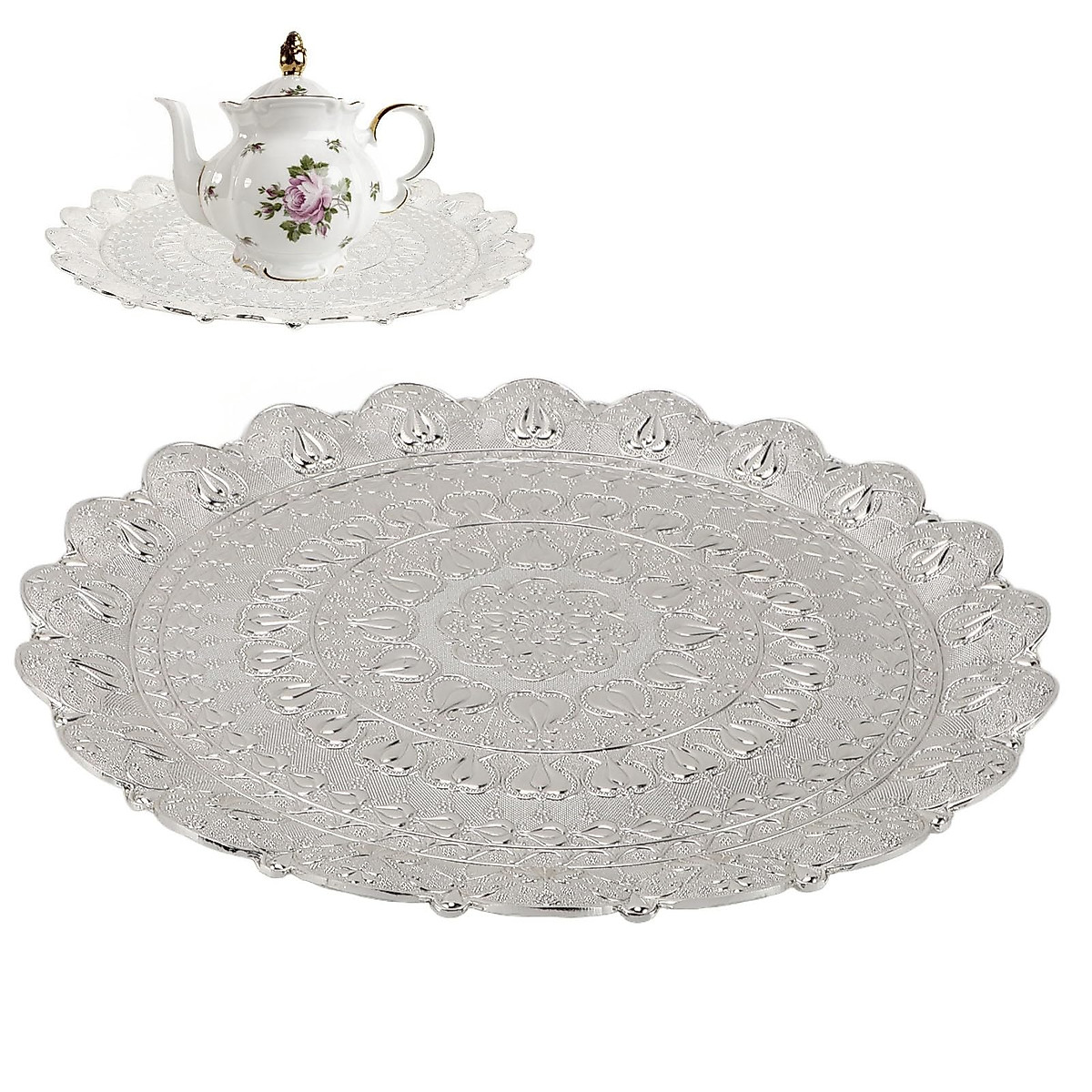 Turkish Tea Coffee Serving Tray Food Trays Vintage Style Embossed Pattern Round Coffee Plate for Bar Outdoor Dessert (Silver)