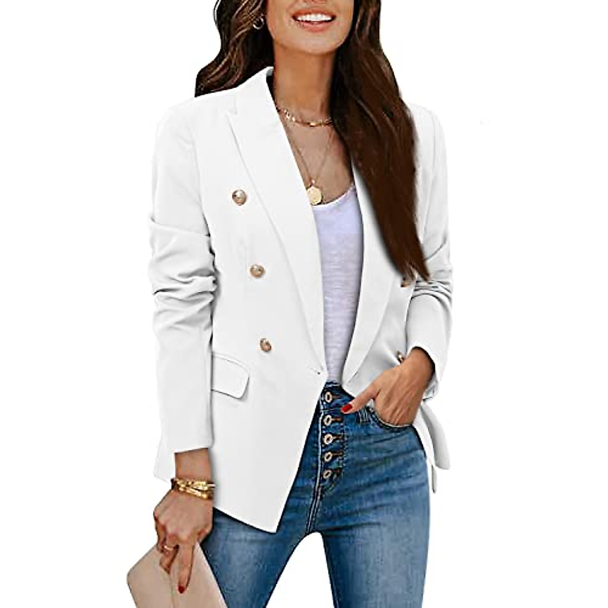 CRAZY GRID Womens Double Breasted Blazer Jackets Open Front Business Casual Suit Jacket Long Sleeve Dressy Blazer Lapel Gold Button Ladies Work Office Blazer White Medium
