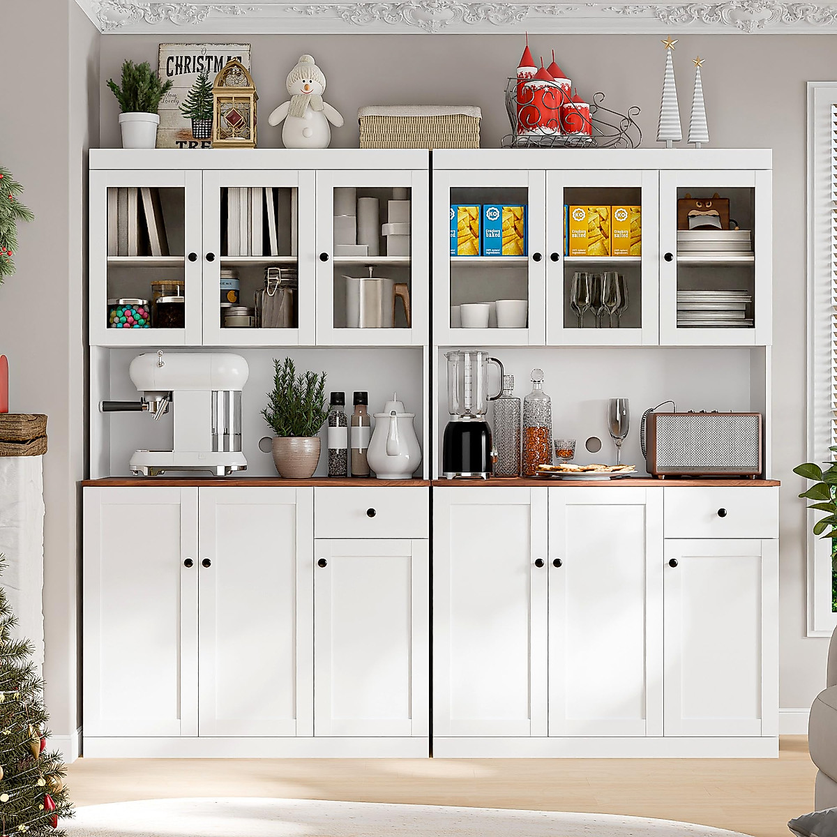 Cozy Castle Tall Kitchen Pantry Cabinet with Microwave Shelf, Modern Large Freestanding Sideboard Cupboard Kitchen Hutch Cabinet with Storage Countertop and Drawer for Dining Room, Living Room, White