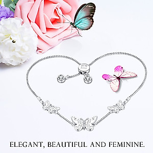 NINAMAID Silver Butterfly Charms Expandable Bolo Bracelet with Sparkling Cubic Zirconia Adjustable White Gold Plated Women Jewelry
