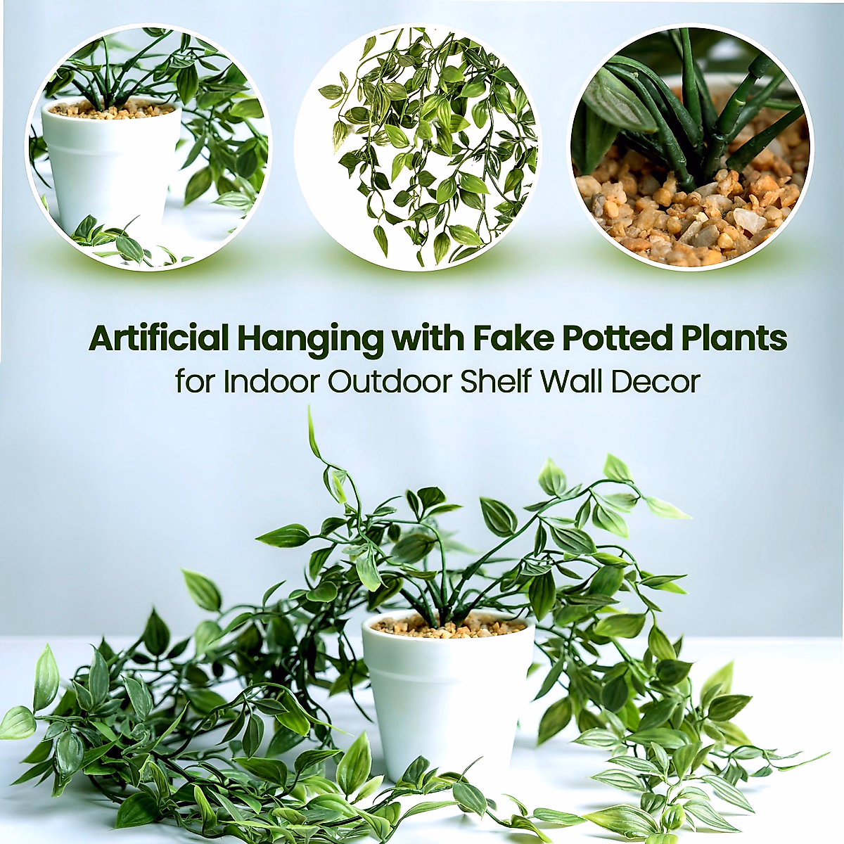 Opulence Star Artificial Hanging Plants, 2 Pack Fake Hanging Plant Fake Potted Greenery Plants Faux Eucalyptus Vine, Pothos Ivy Pea Pods for Home Wall Shelf Patio Garden Indoor Outdoor Decor