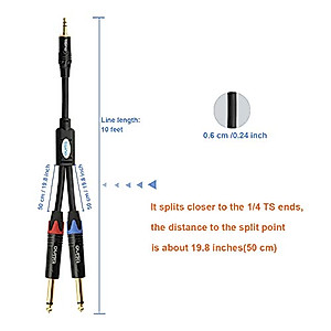 TISINO 1/8 to 1/4 Stereo Cable, 1/8 Inch TRS Stereo to Dual 1/4 inch TS Mono Y-Splitter Cable 3.5mm Aux Mini Jack to Jack Breakout Cord - 10 feet