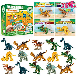 JOYIN 28 PCS Valentines Day Gifts Cards with Dinosaur Figure Toys for kids, Valentine's Greeting Cards for kids classroom gifts, Classroom Exchange Prizes for Boys Girls Classroom Party Favor