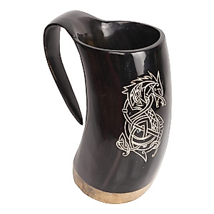 Father's Day Gifts Viking Drinking Horn Mug Premium Dragon Design Original Viking Beer Tankard with Super-Hardwood Bottom | Ideal for Beer Lovers-Wine-Mead & Ale | Medieval Style Stein