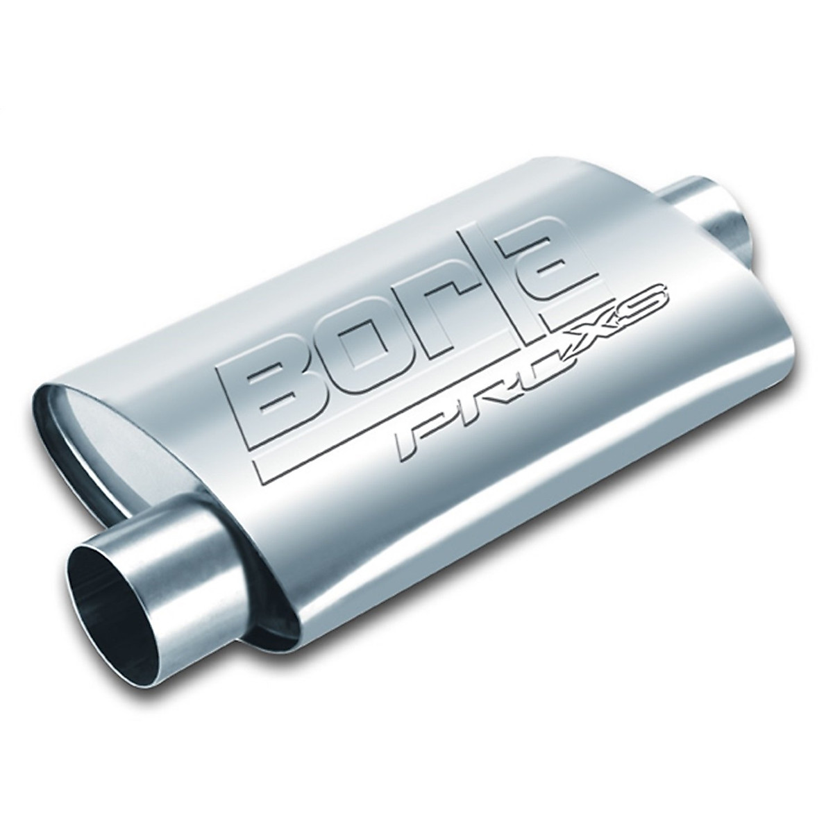 BORLA 40359 ProXS Universal Performance Muffler 3" Offset Inlet / 3" Center Outlet 14" Long body 19" Overall Length Un-Notched Necks Reversible Design T-304 Stainless Steel