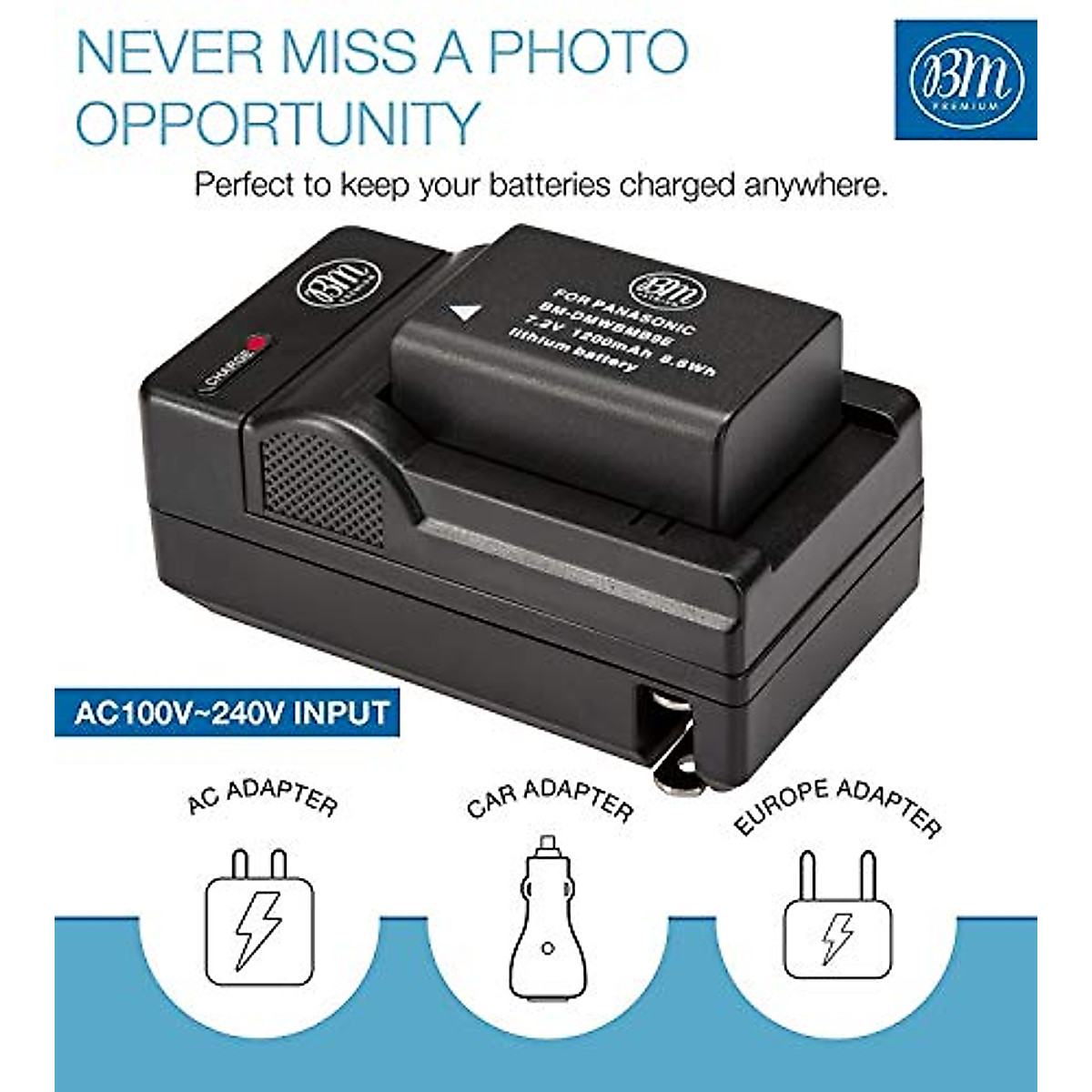 BM Premium 2 Pack of DMW-BMB9 Batteries and Battery Charger Replacement for Panasonic Lumix DC-FZ80, DMC-FZ40K, DMC-FZ45K, DMC-FZ47K, DMC-FZ48K, DMC-FZ60, DMC-FZ70, DMC-FZ100, DMC-FZ150 Digital Camera