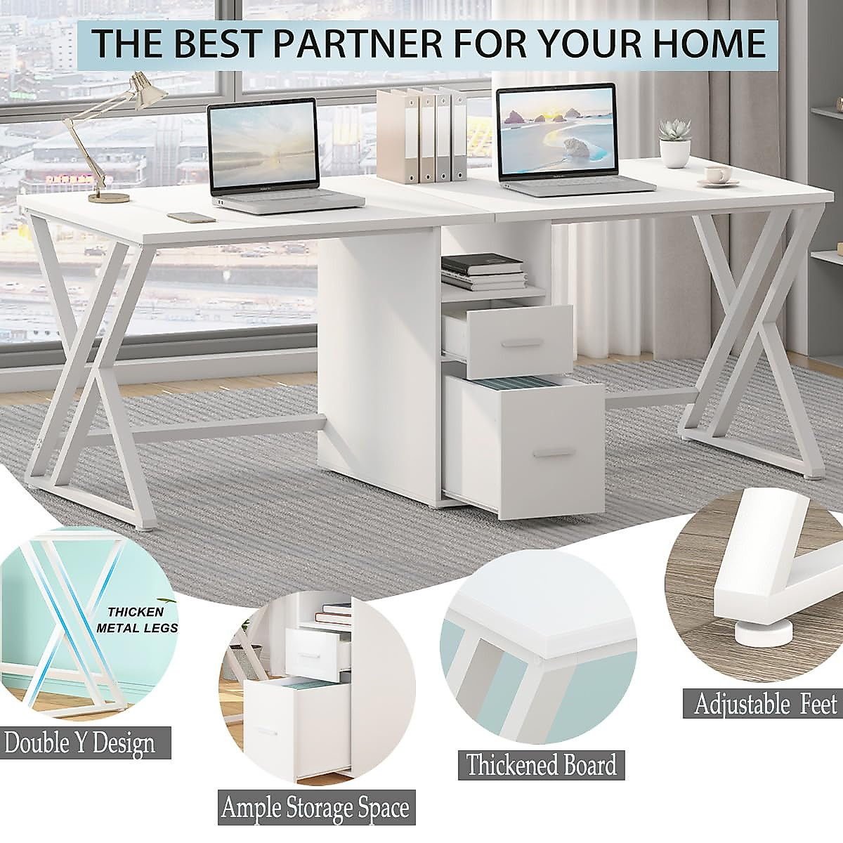 LVB Large 2 Person Desk, Modern White Computer Desk with File Cabinet, Extra Long Workstation Double Desk with Storage Shelf, Industrial PC Writing Study Dual Executive Office Desk with Drawer, 79 in
