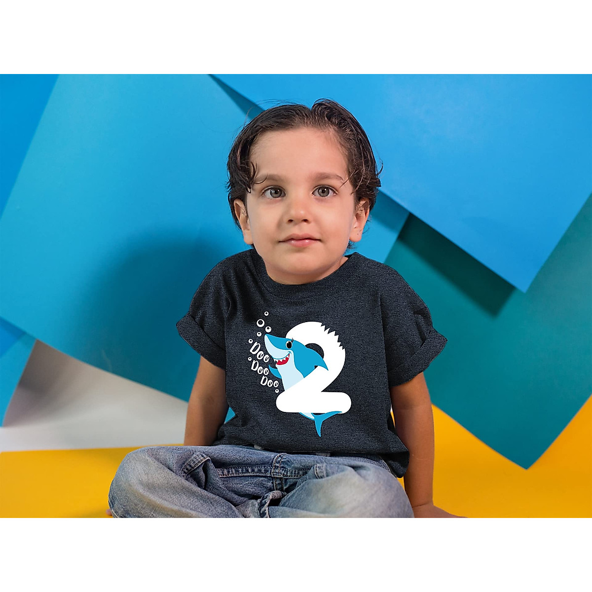 2nd Birthday Shirt boy Baby Shark Second Two 2 Year Old Toddler Outfit Shark doo (US, Age, 3 Years, Charcoal Black - Blue Shark)