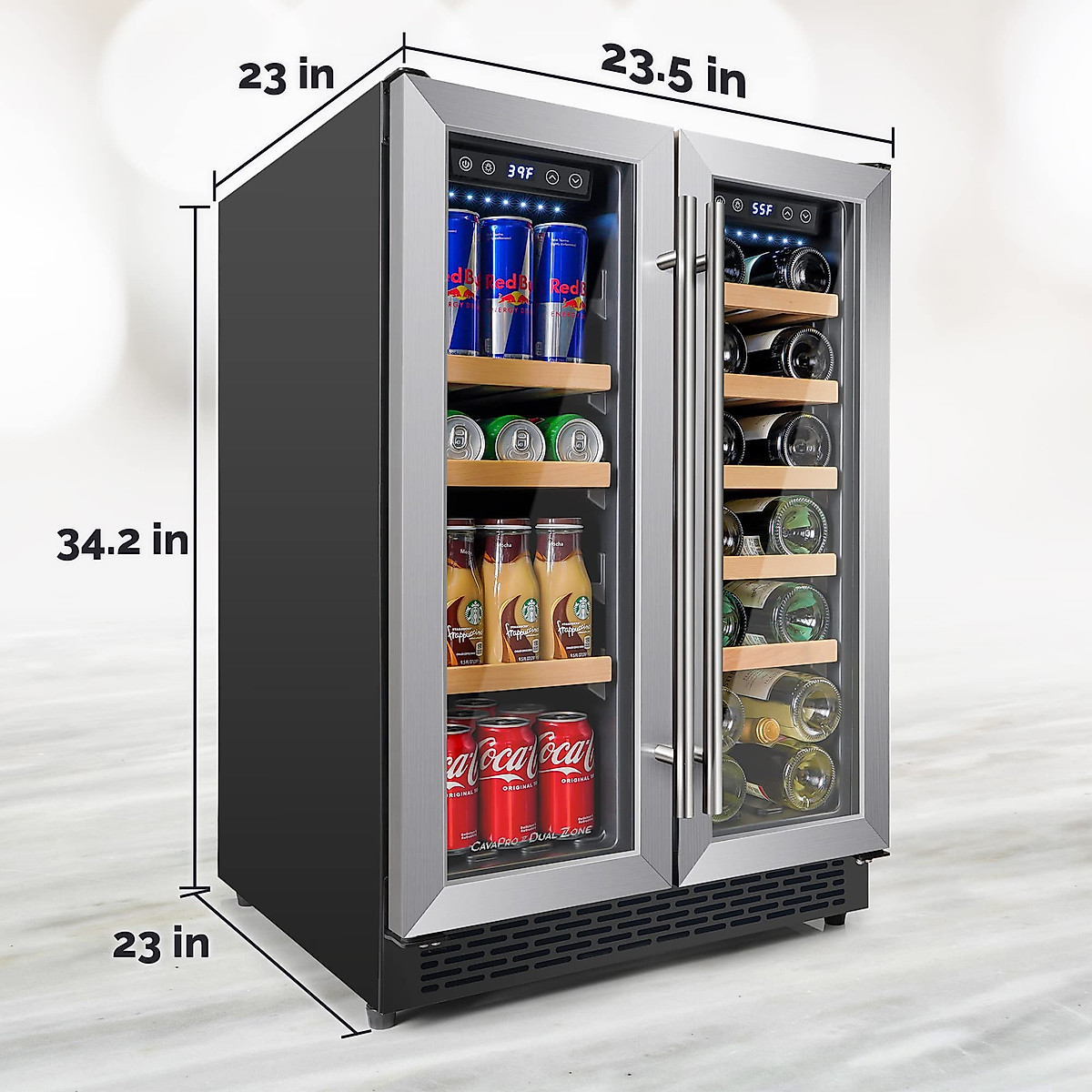 Zulay 24” Dual Zone Wine Cooler Refrigerator - Stainless Steel Beverage Refrigerator with Glass Doors for 88 Cans & 40 Bottles - Freestanding Memory Temperature Control Wine & Beverage Cooler